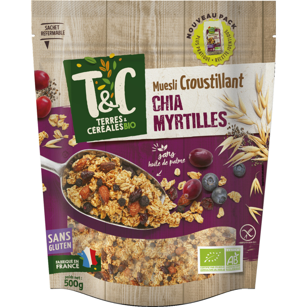 Grossiste Muesli croustillant myrtilles chia Bio sans gluten 500g ...